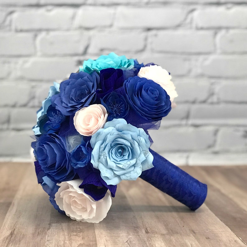 Shades of Blue and Blush Paper Flower Wedding Bouquet in | Etsy