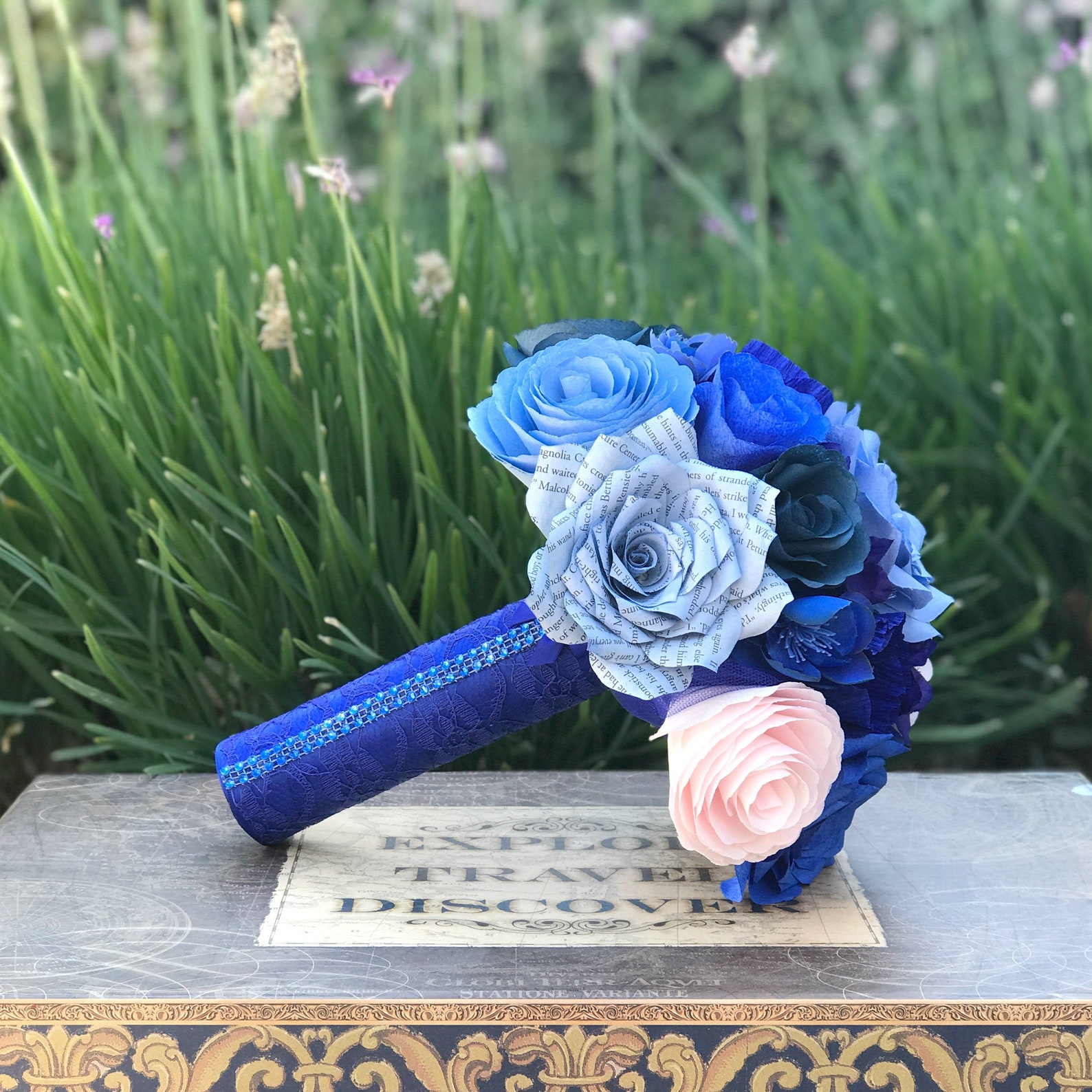 Shades of Blue and Blush Paper Flower Wedding Bouquet in | Etsy