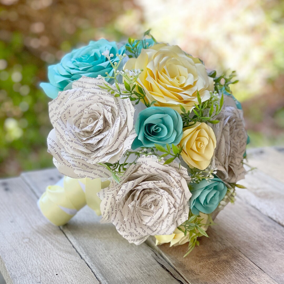 Wedding Bouquets in Ocean Blue and Yellow Filter Paper Flowers & Book ...