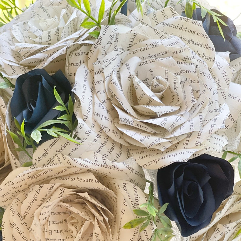 Book Page Paper Rose Wedding Bouquet – Navy Blue Wedding Bouquet ...