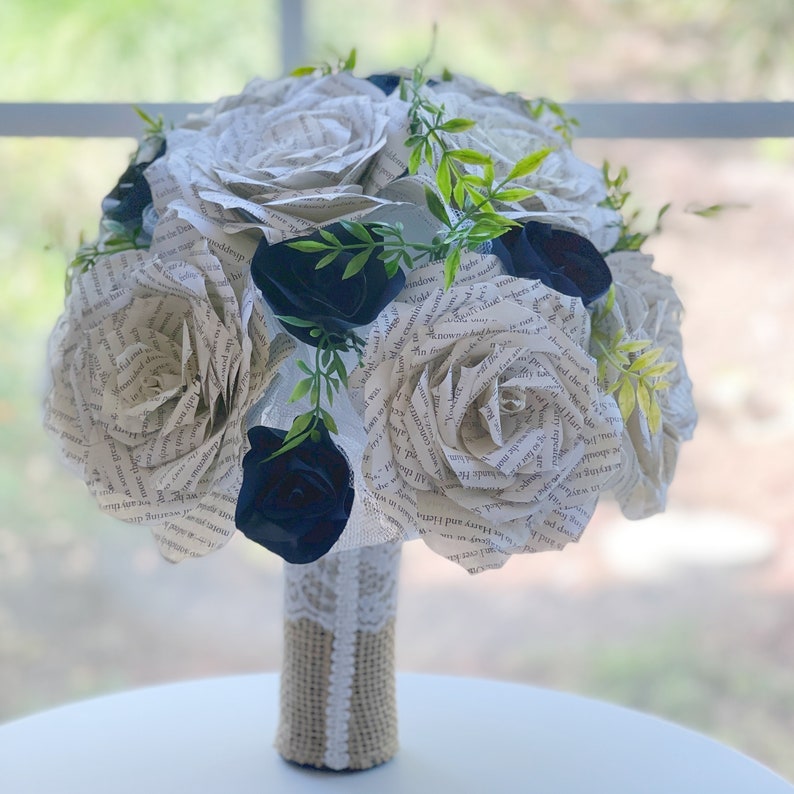 Book Page Paper Rose Wedding Bouquet – Navy Blue Wedding Bouquet ...