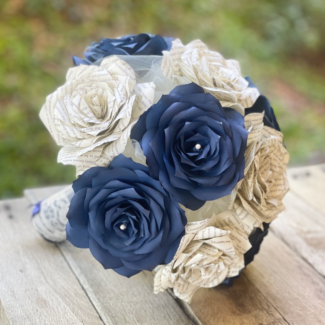 Book Page and Navy Blue Filter Paper Rose Bridal Bouquet - Colors Are ...