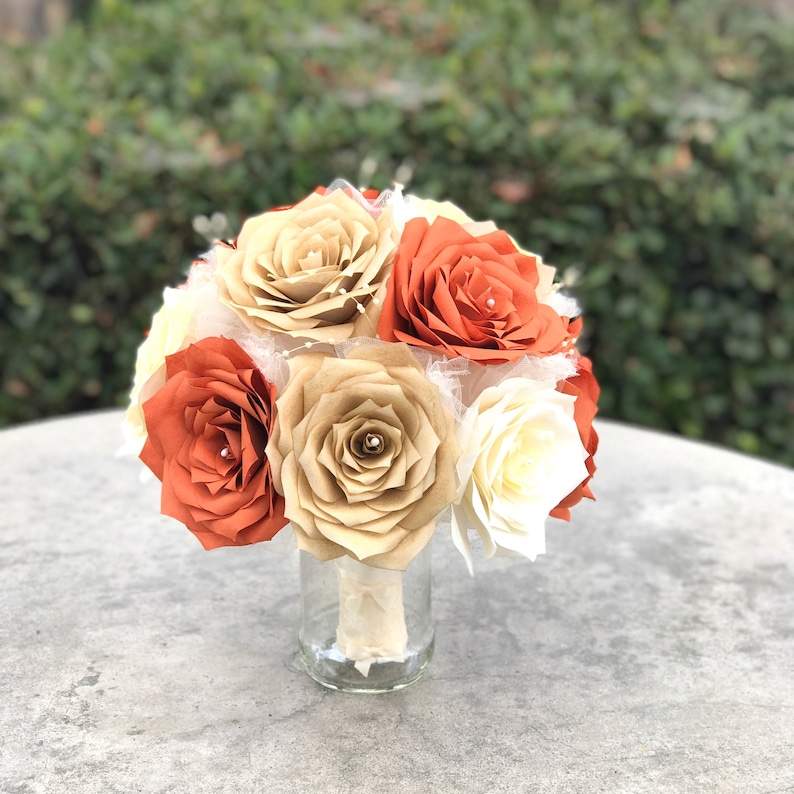 Burnt Orange Ivory and Gold Paper Rose Bouquet in - Etsy