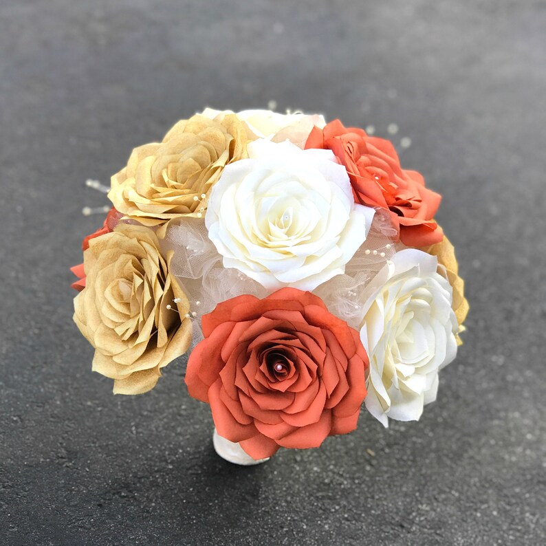 Burnt Orange Ivory and Gold Paper Rose Bouquet in - Etsy