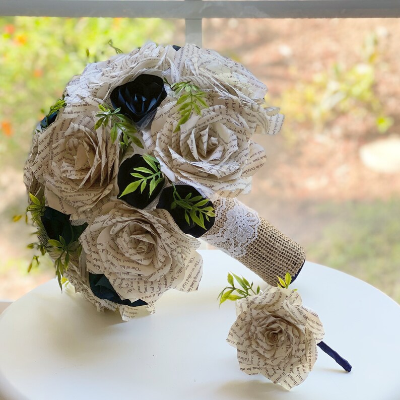 Book Page Paper Rose Wedding Bouquet – Navy Blue Wedding Bouquet ...