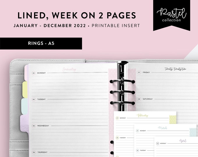 A5 2022 Weekly Planner Printable, Lined Week on 2 Pages, Calendar ...