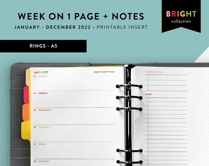 A5 2022 Weekly Planner Printable, Week on 1 Page With Notes, Calendar ...