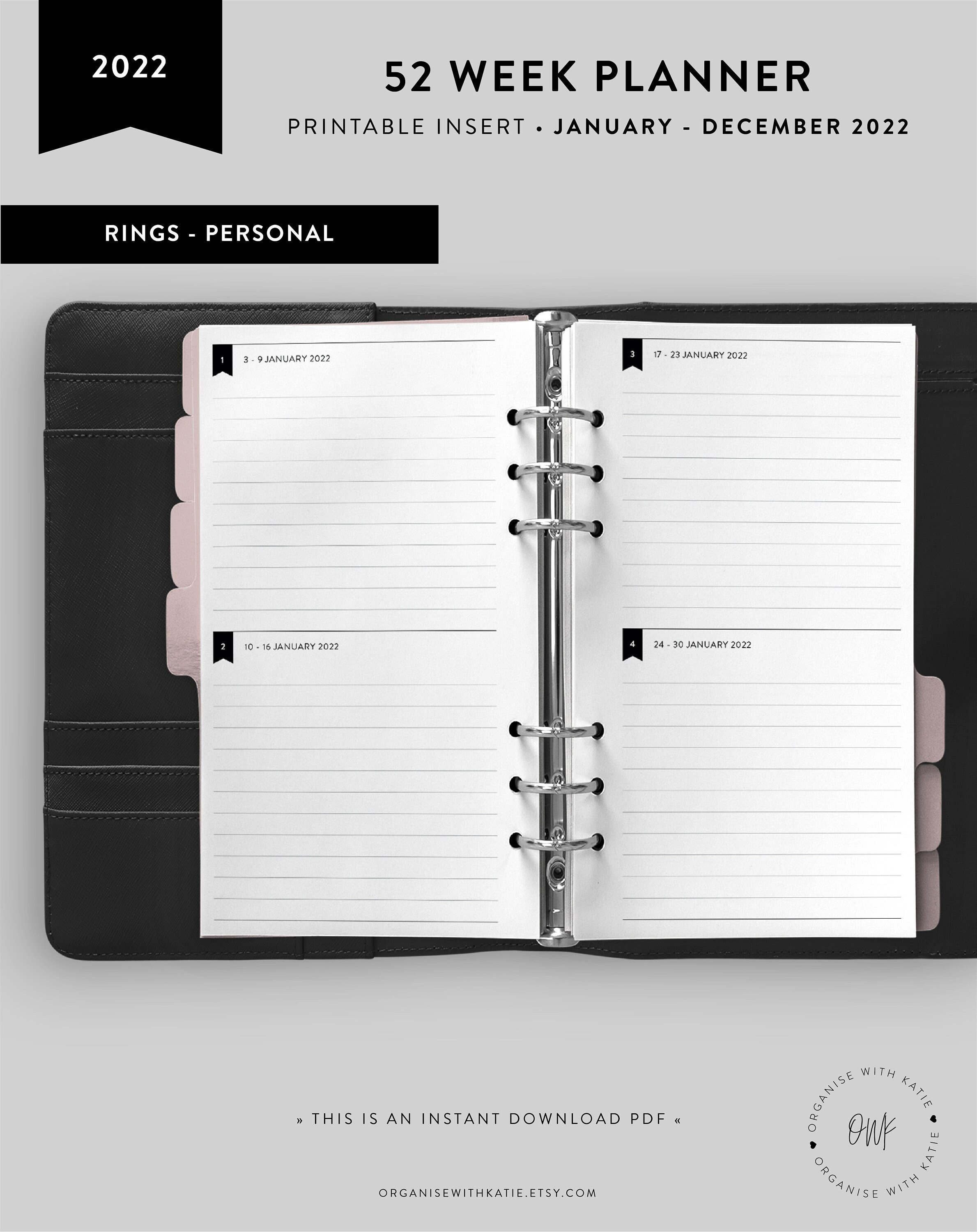 Calendar Agenda Filofax Inserts Personal Rings 2022 Weekly Planner ...