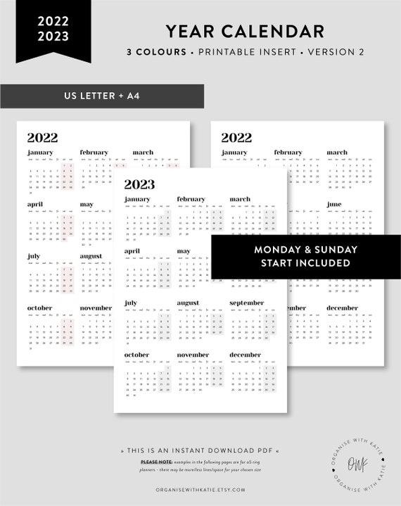 2022 2023 A4 US Letter Calendar Printable Instant Download | Etsy Canada