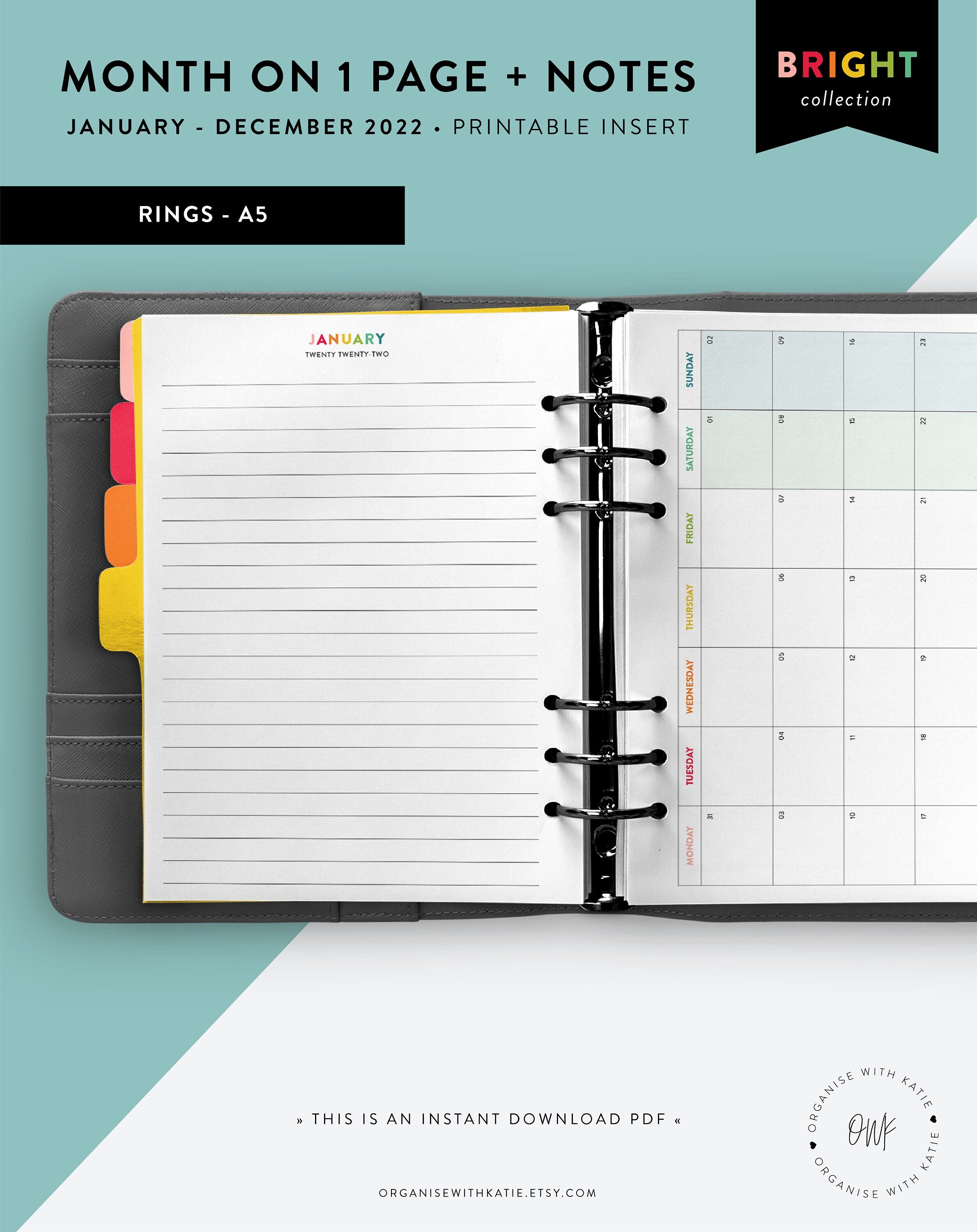 A5 2022 Monthly Planner Printable Month on 1 Page Calendar - Etsy UK