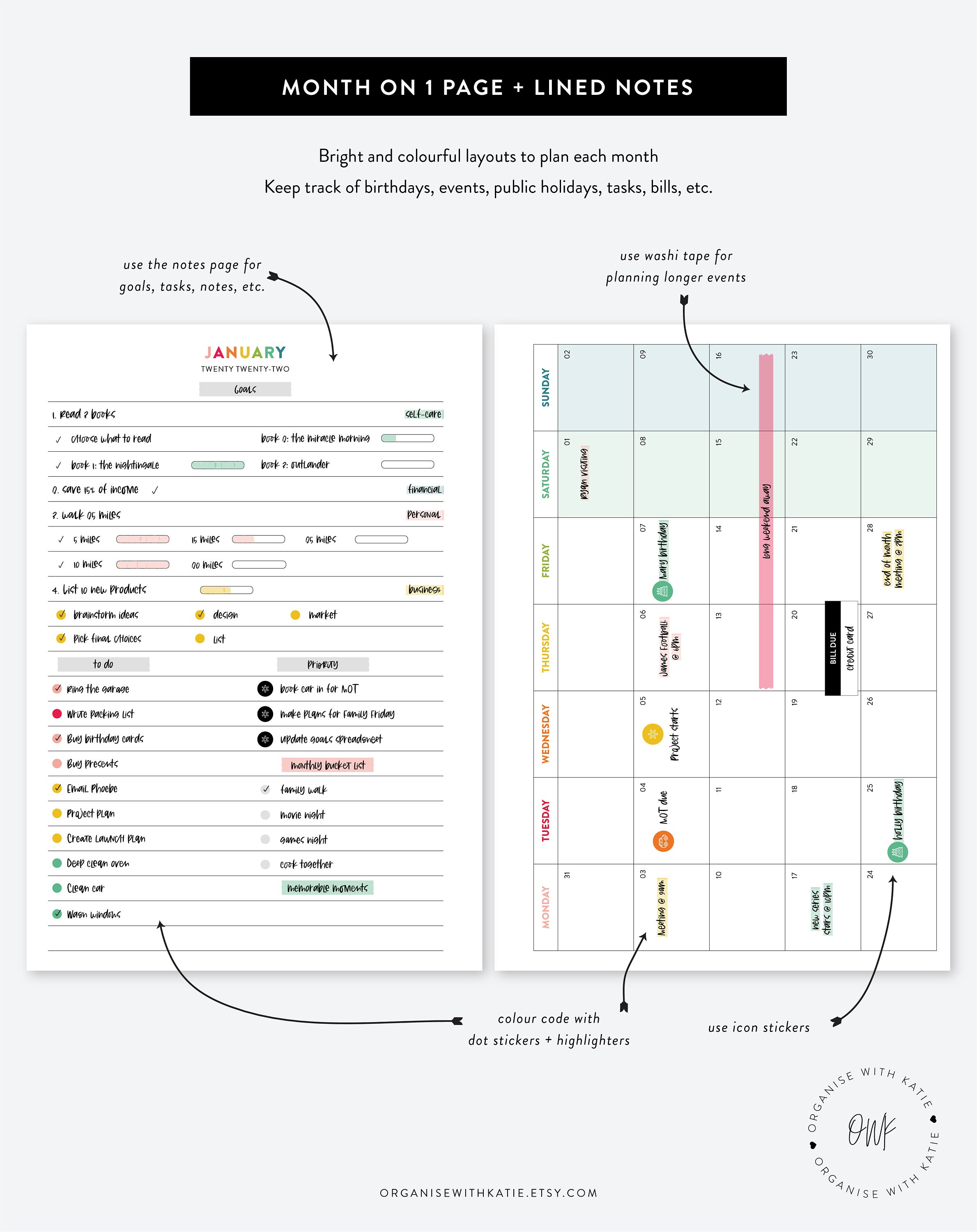 A5 2022 Monthly Planner Printable Month on 1 Page Calendar | Etsy