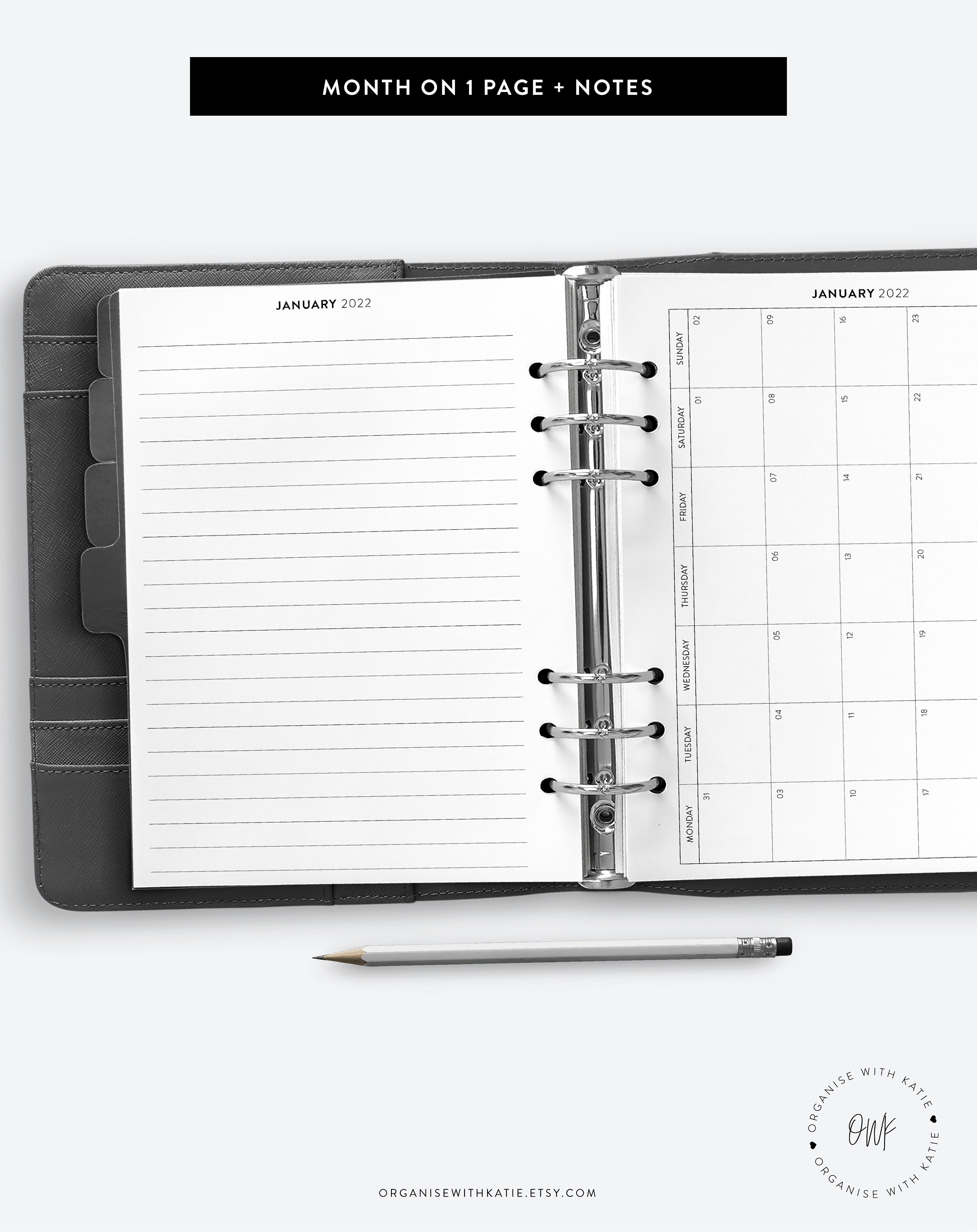 A5 2022 Monthly Planner Printable Month on 1 Page Notes - Etsy UK