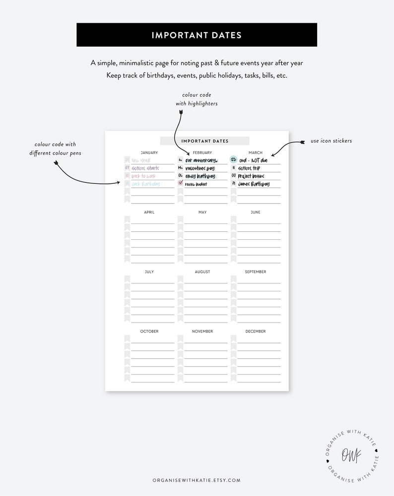A5 Important Dates Year Overview Year Calendar Editable - Etsy
