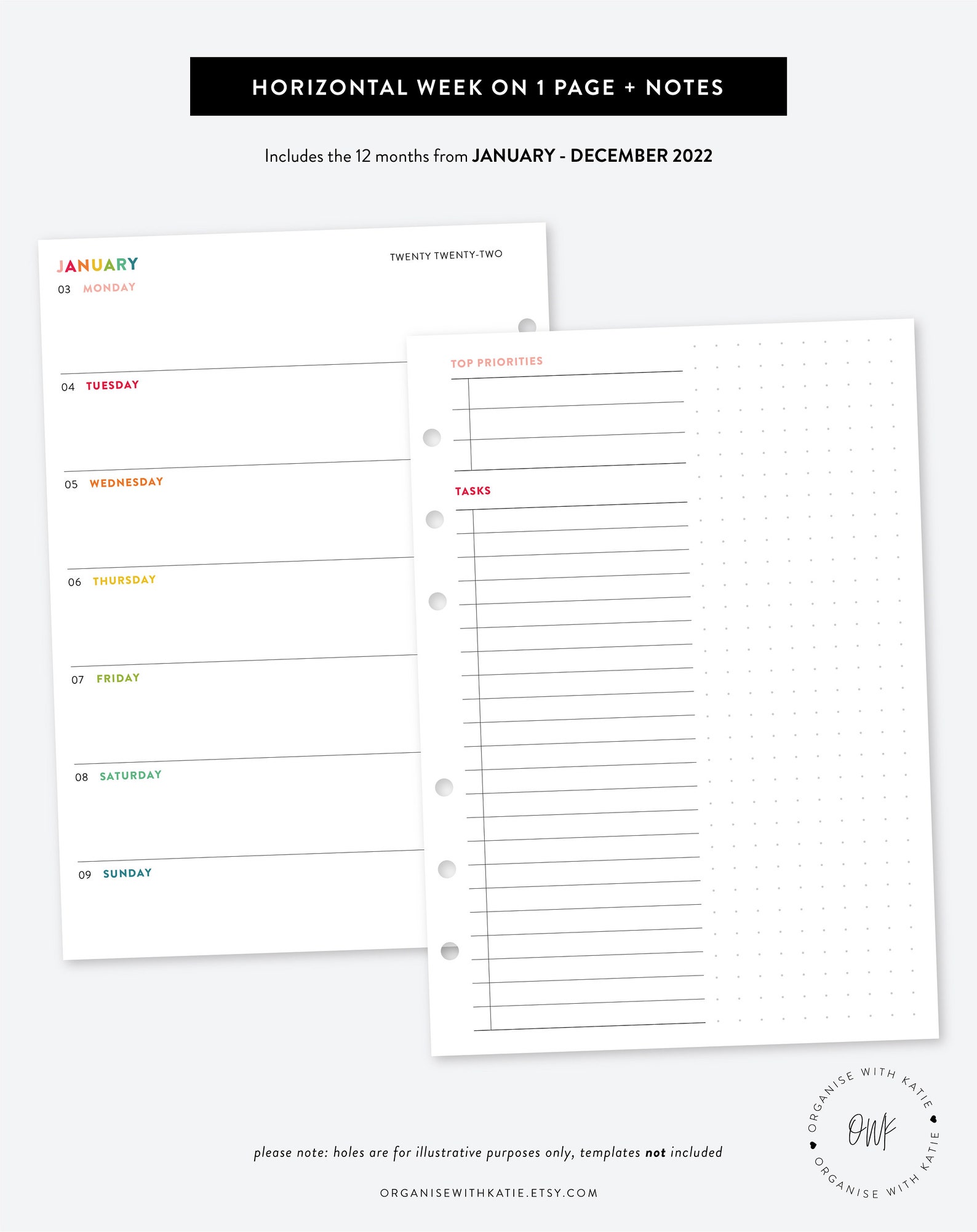 A5 2022 Weekly Planner Printable Week on 1 Page With Notes - Etsy Canada
