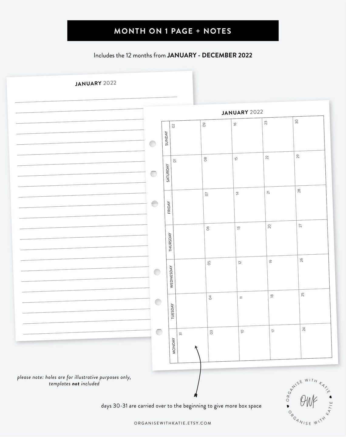 A5 2022 Monthly Planner Printable Month on 1 Page Notes - Etsy UK