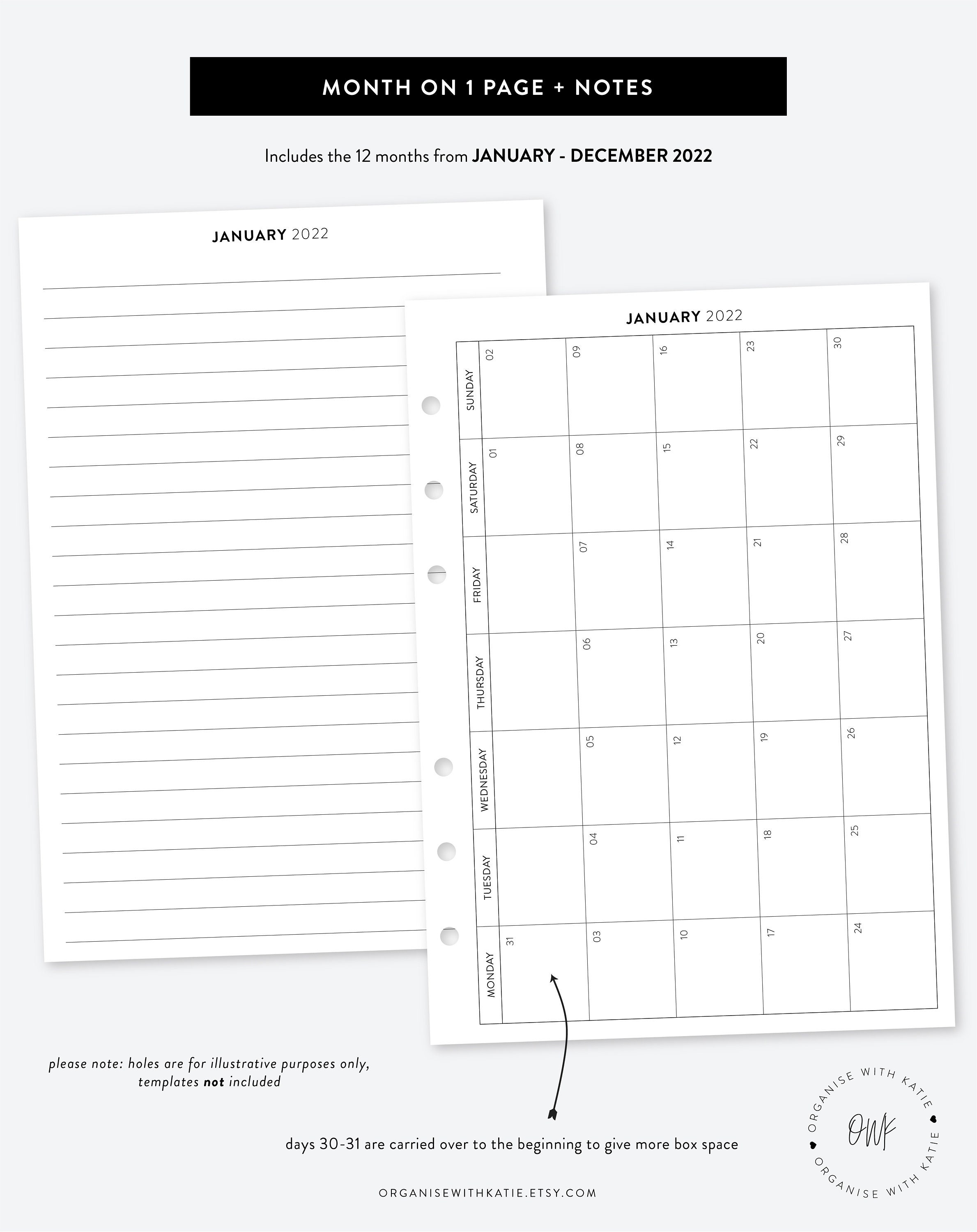 A5 2022 Monthly Planner Printable Month on 1 Page Notes - Etsy UK