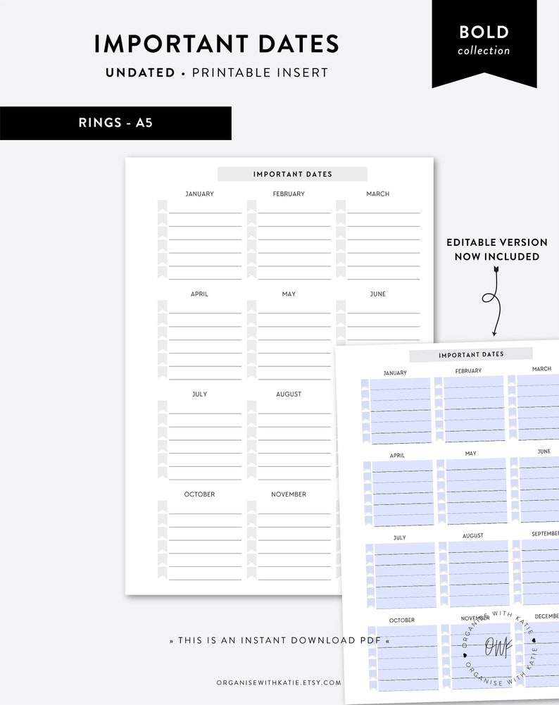 A5 Important Dates Year Overview Year Calendar Editable | Etsy