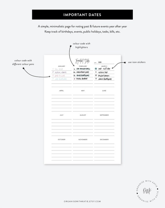 Paper & Party Supplies A5 and Letter sizes A4 Important Dates Year at a ...
