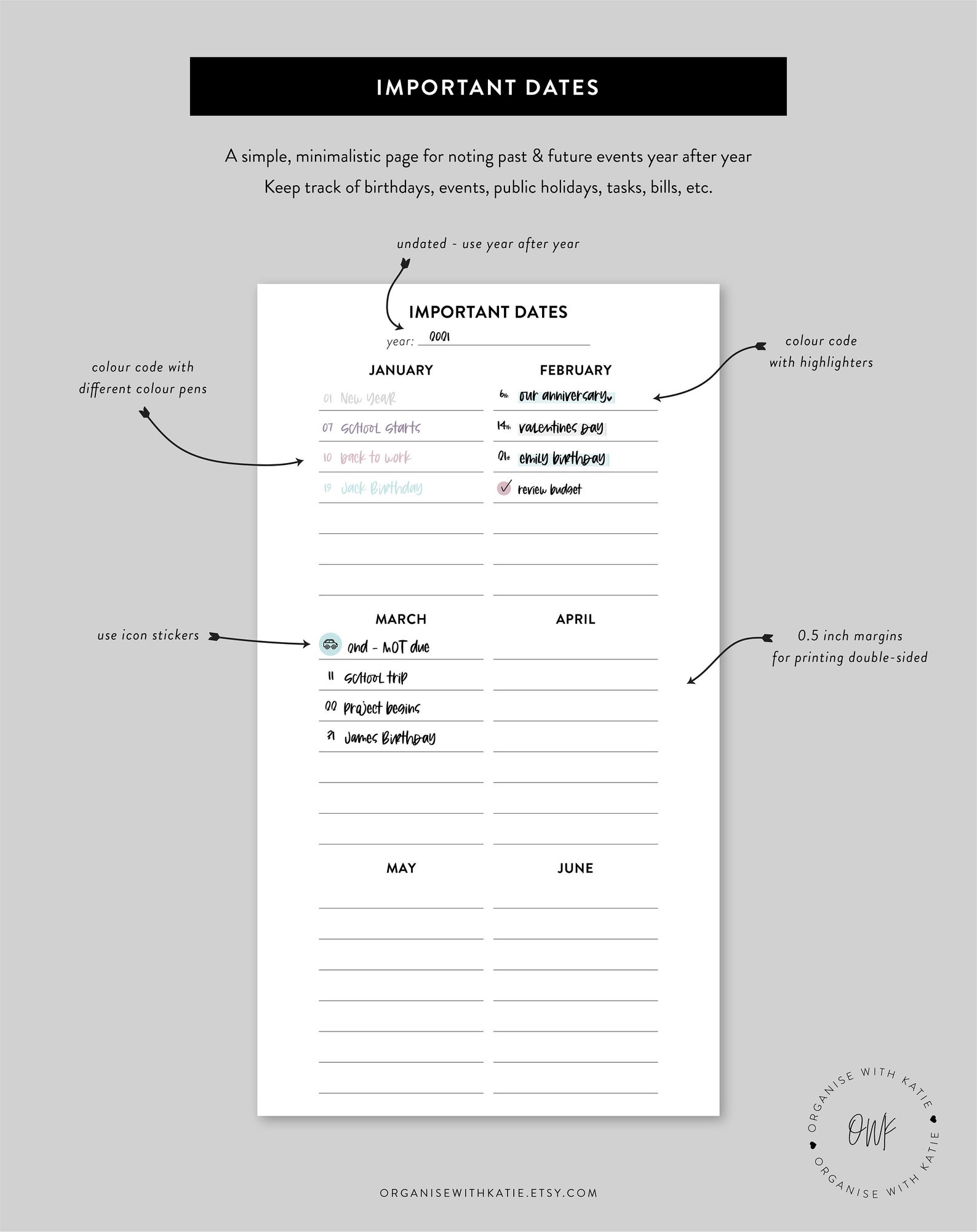 Personal Important Dates Year Overview Year Calendar - Etsy