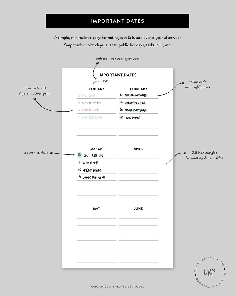 Personal Important Dates Year Overview Year Calendar - Etsy