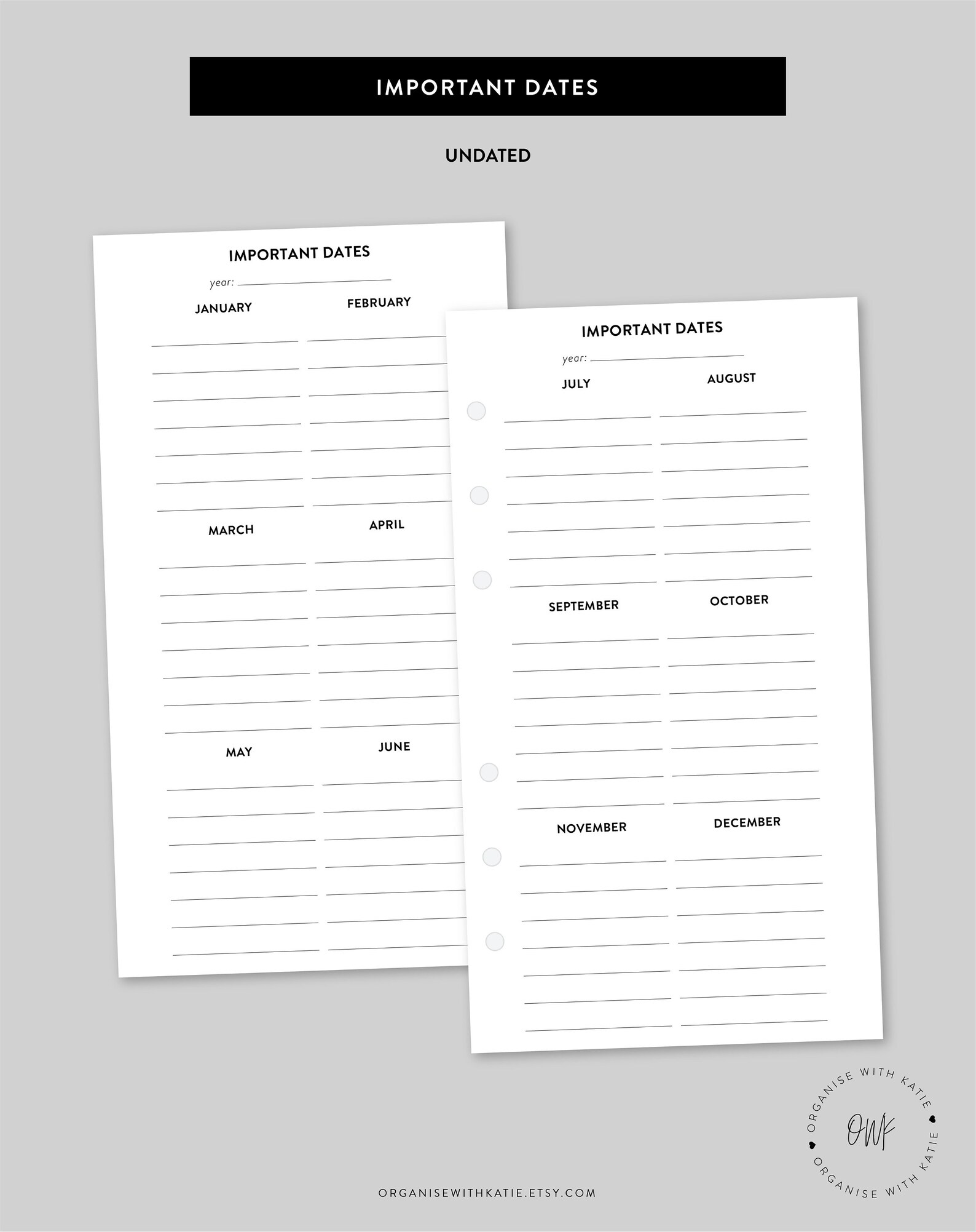 Personal Important Dates Year Overview Year Calendar - Etsy