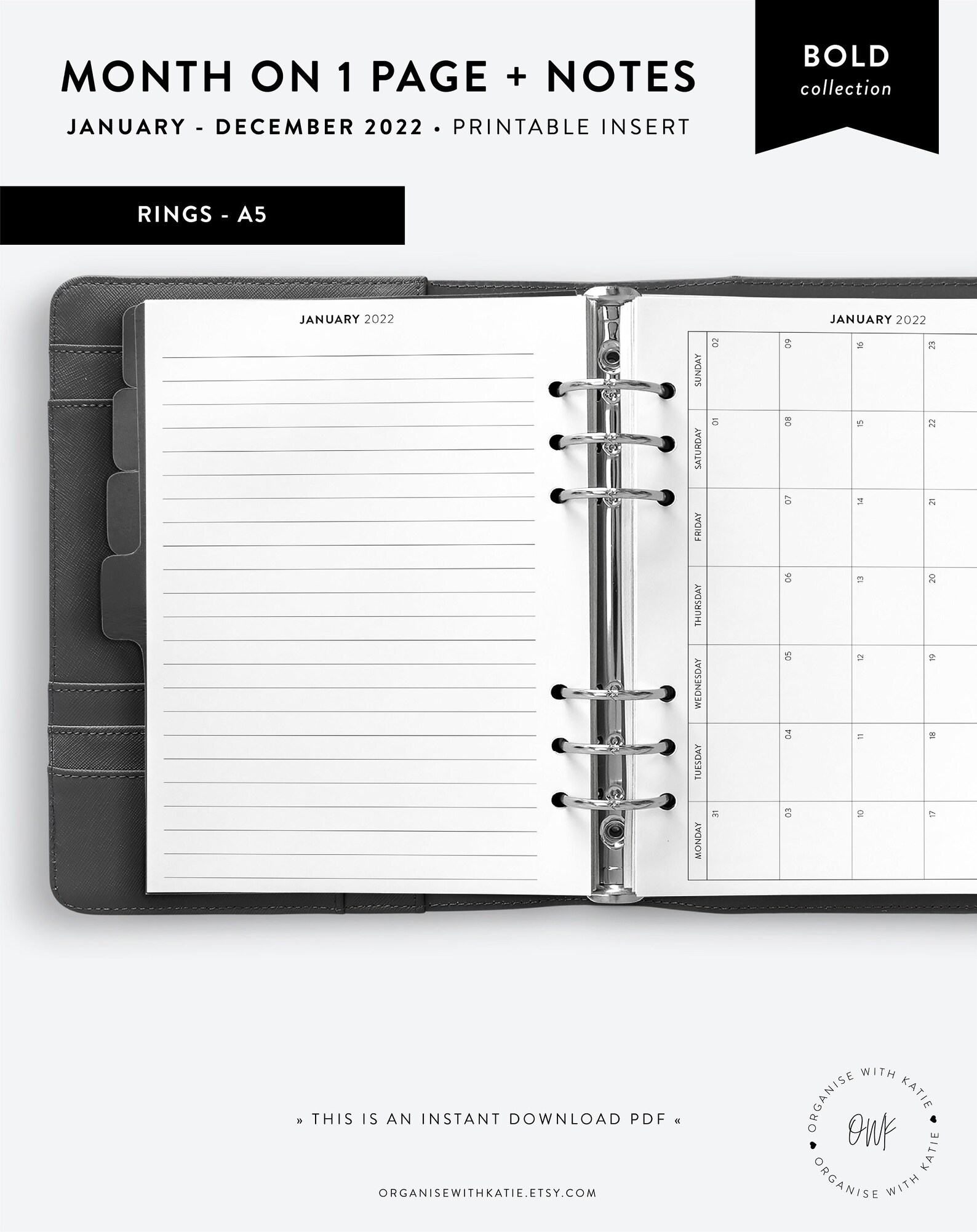 A5 2022 Monthly Planner Printable Month on 1 Page Notes - Etsy UK