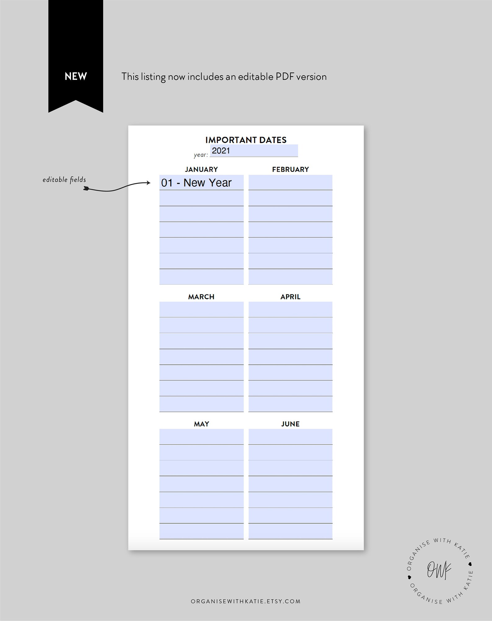 Personal Important Dates Year Overview Year Calendar - Etsy