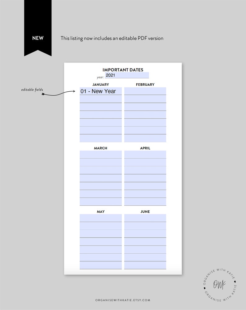 Personal Important Dates Year Overview Year Calendar - Etsy