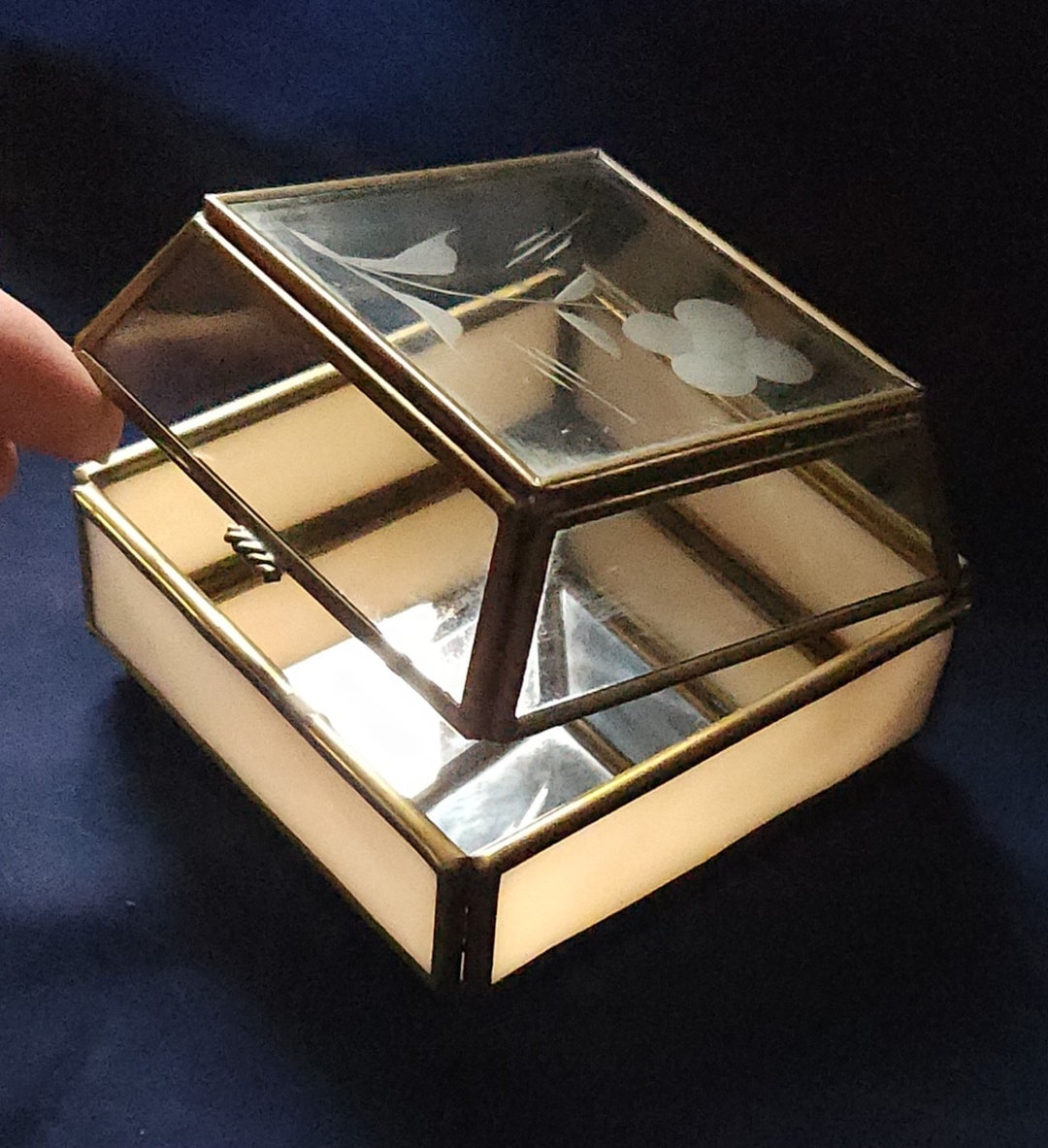 Dresser Box Brass Pink Slag Glass W Etched Glass Vintage Mirrored ...