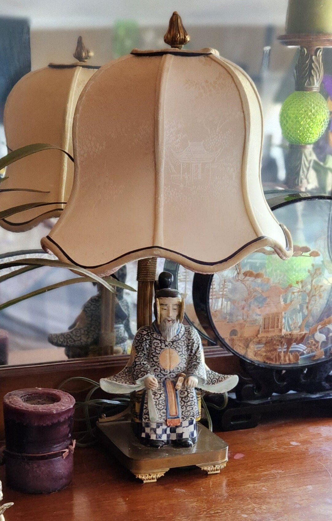 Lamp Antique Asian Wise Man With Original Shade Brass Base Enameled ...