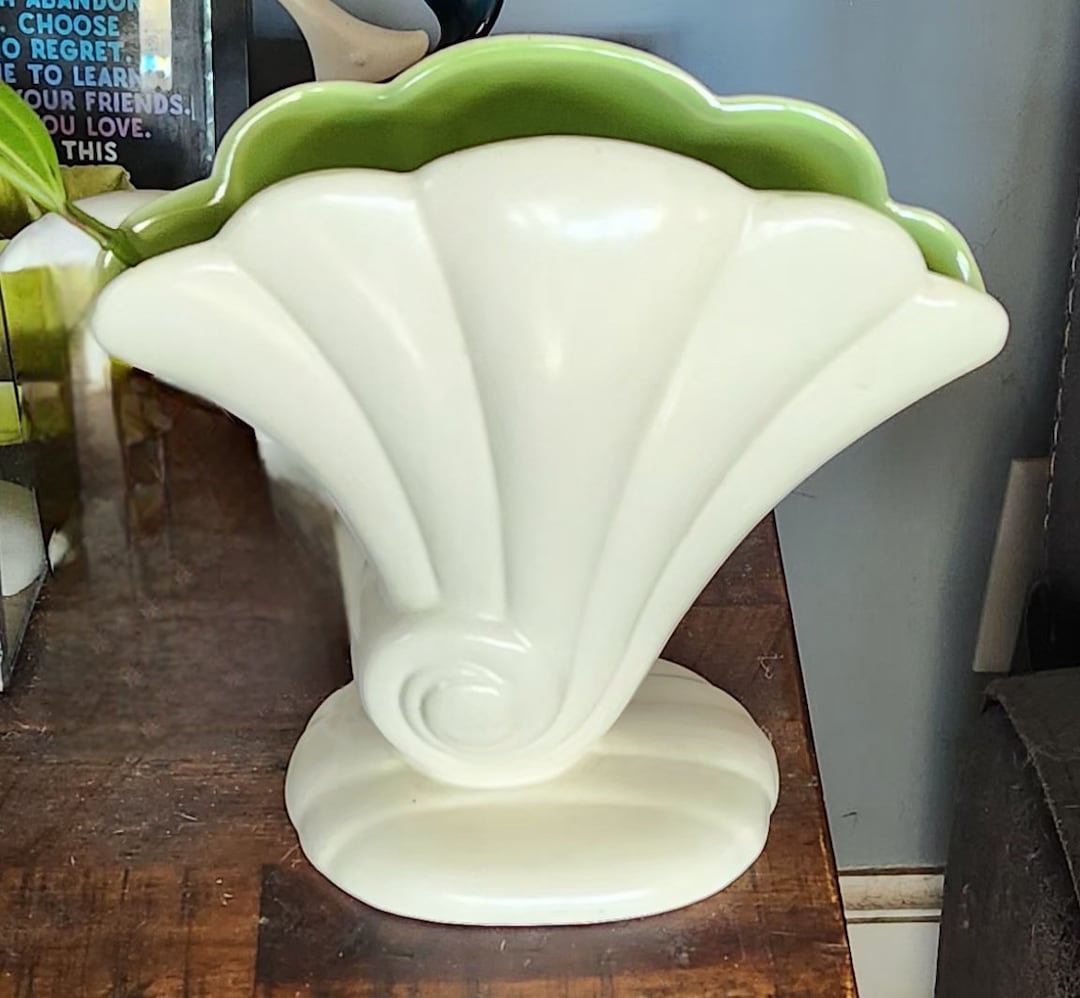 Vase Red Wing Fan Lime Green and White Pottery Retro Cascading Floral ...