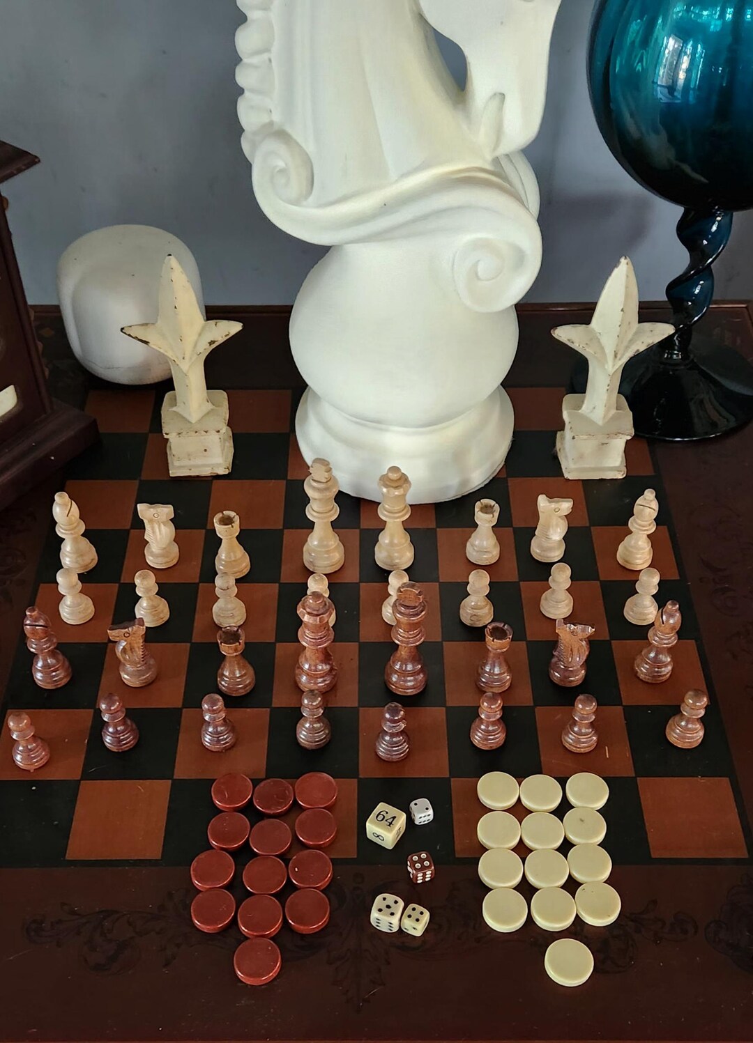Chess Game Pieces W Backgammon Tiles and Dice Vintage Carved Wood Set ...