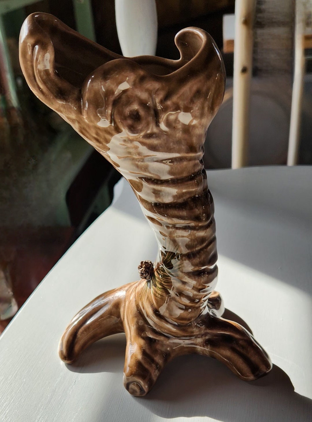 Branch Vase Vintage Keystone Pine Cone Tree Trunk Pottery Dark Brown ...