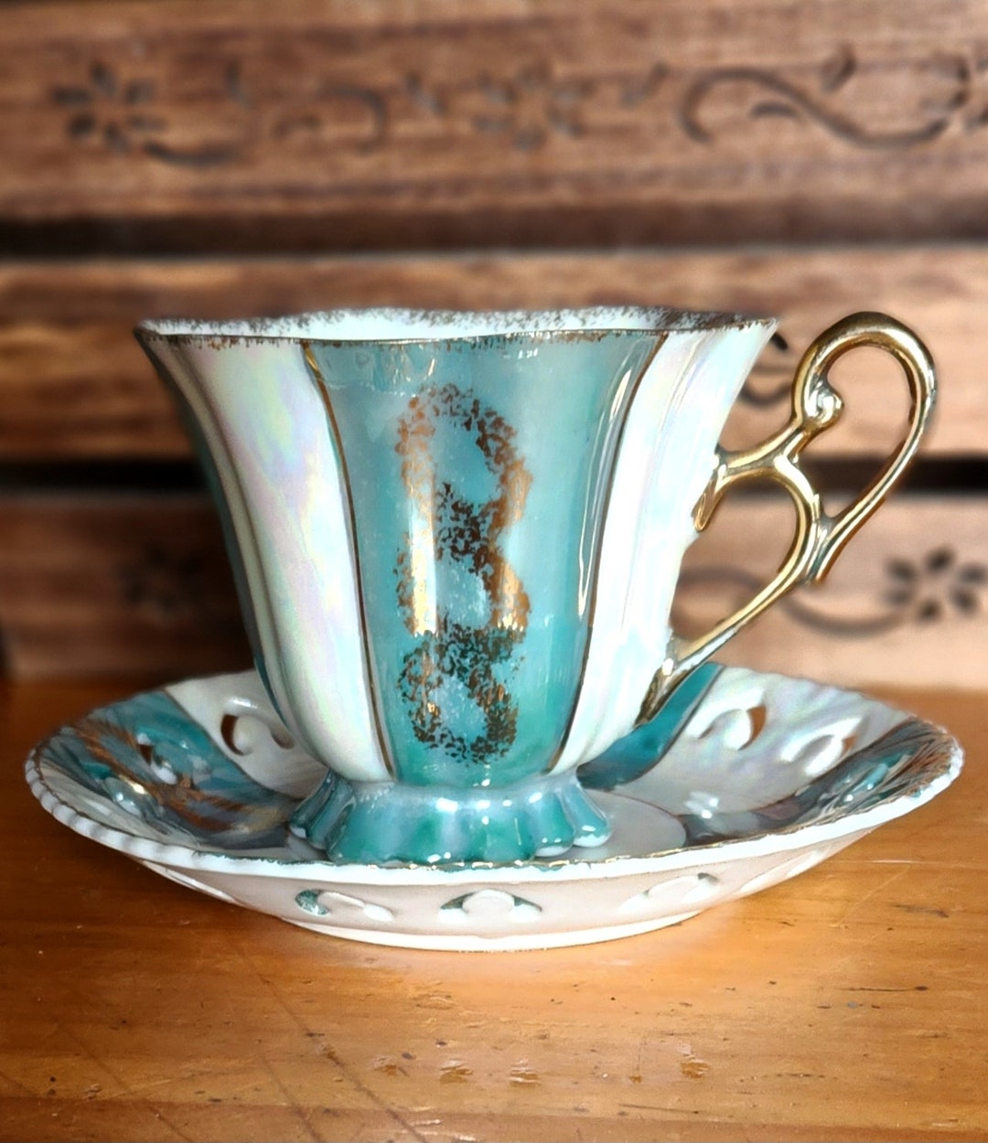Teal Porcelain Teacup Set Vintage Aqua Blue Green Luster Teacup Set ...