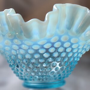 Hobnail Fenton Blue Opalescent Hobnail Glass Bowl Large Vintage Ruffled ...