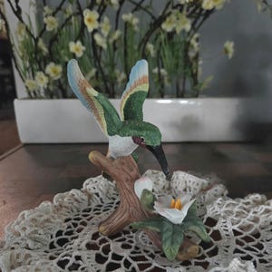 Hummingbird Figurine Vintage Ceramic Hummer W White Flower Bird Art ...