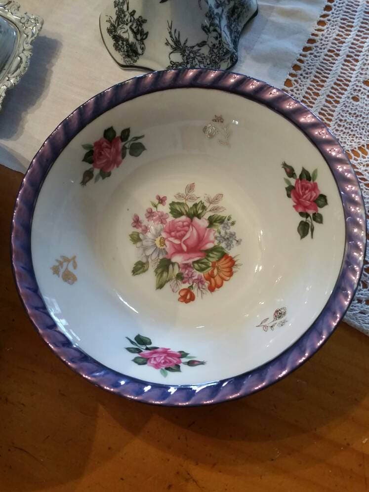 Bowl Single Lusterware Dish Purple Floral Serving Set Vintage Porcelain ...