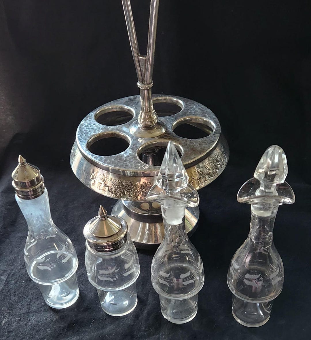 Cruet Antique 1800s Revolving Silver Plated 5 Hole 4 Etched Glass ...