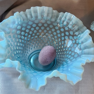 Hobnail Fenton Blue Opalescent Hobnail Glass Bowl Large Vintage Ruffled ...