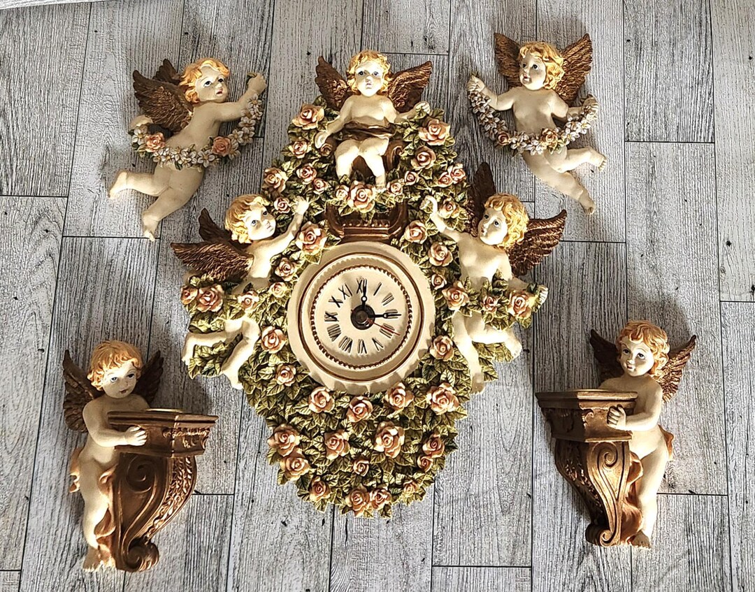 Angel Clock Set Ornate Vintage off White W Gold Resin Wall Hangings ...