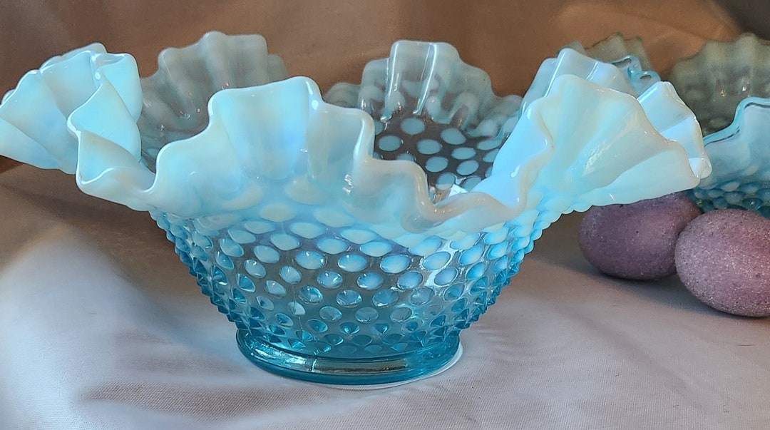 Hobnail Fenton Blue Opalescent Hobnail Glass Bowl Large Vintage Ruffled ...
