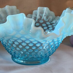 Hobnail Fenton Blue Opalescent Hobnail Glass Bowl Large Vintage Ruffled ...
