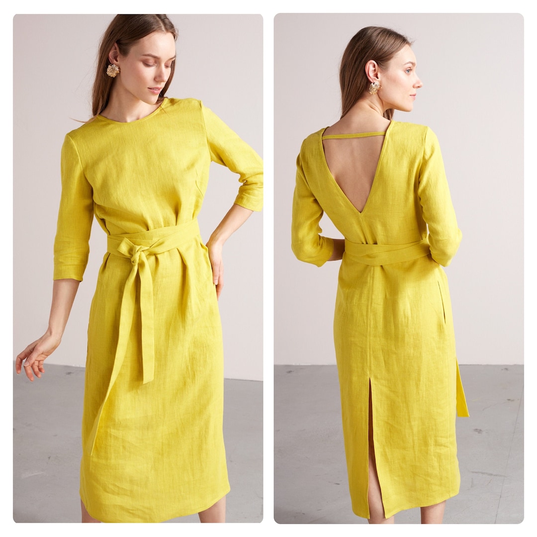 Linen Midi Dress MILENA With Belts,linen Bridesmaid Dress,wrap Dress ...