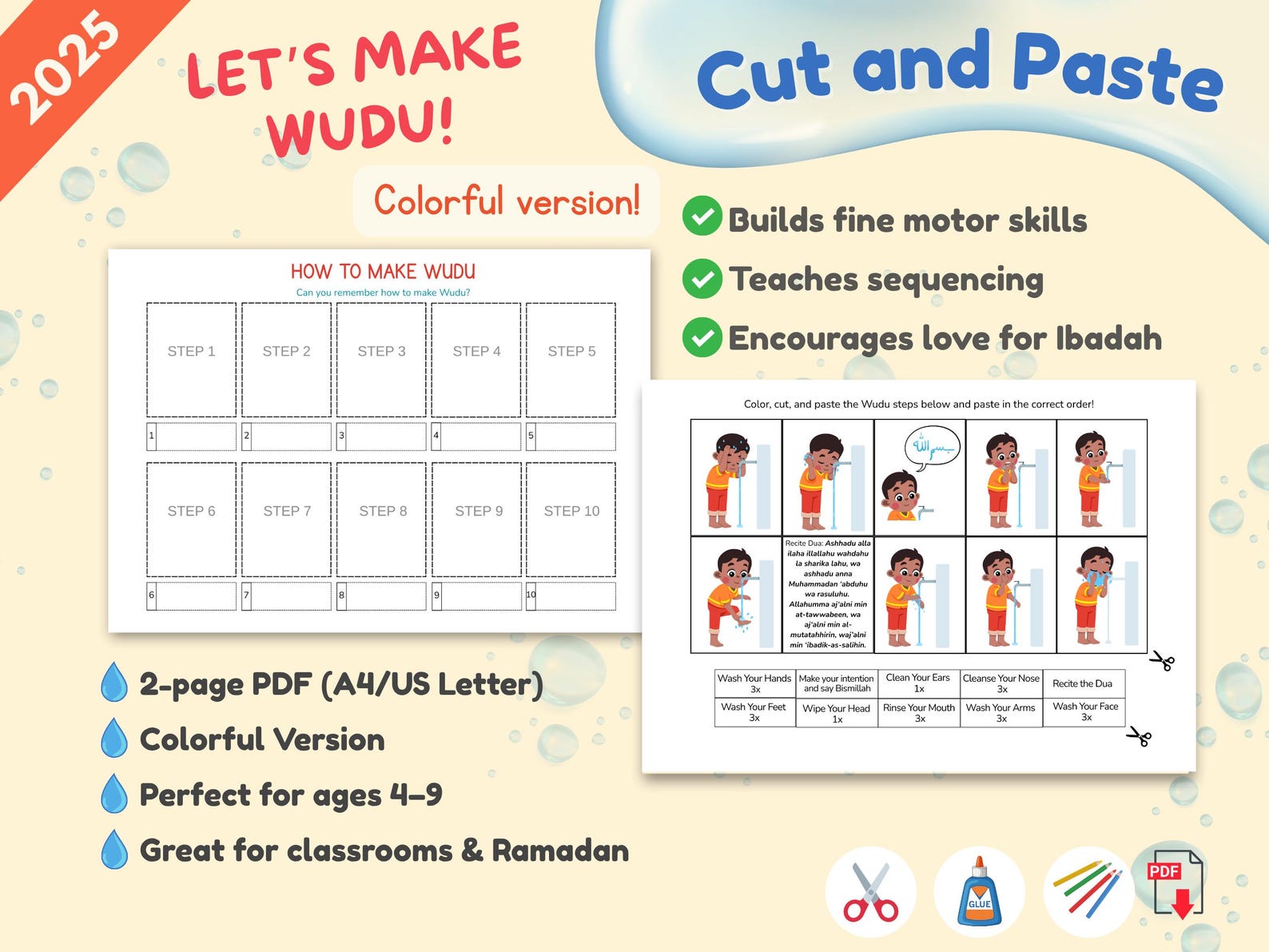 Colorful Wudu Steps Printable: Islamic Cut and Paste Activity (A4 PDF ...
