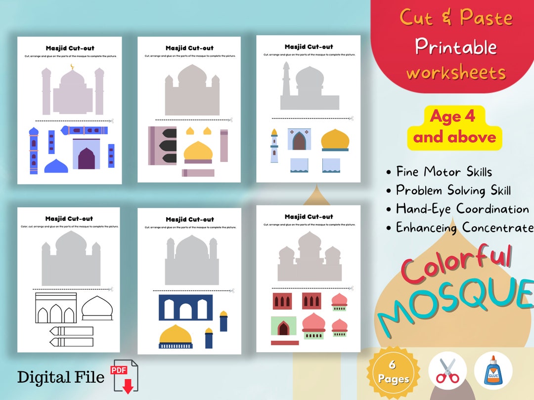 Islamic Activity Worksheets for Kids, Cut and Paste Mosque, Eid Gift ...