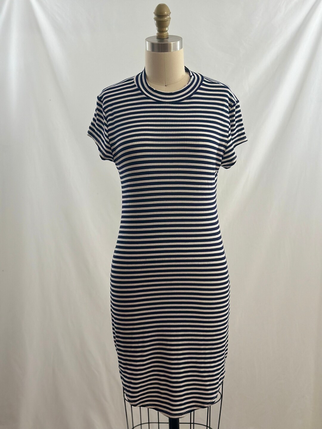 Vintage 90s Poof Striped Mock Neck Dress Blue White Midi Dress Small - Etsy