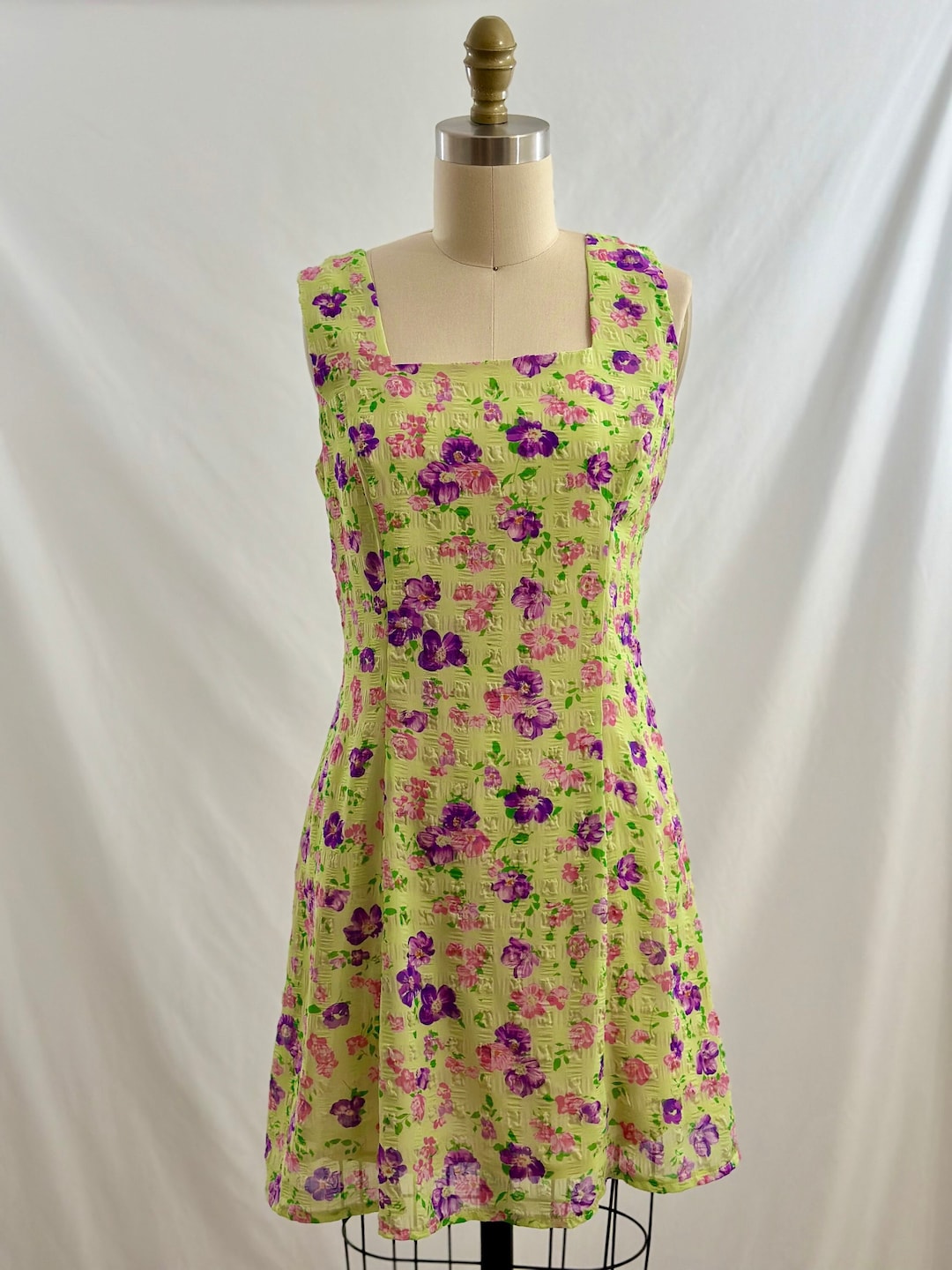 Vintage 90s Floral Dress: Pale Green Sleeveless Lace-up Summer Dress ...
