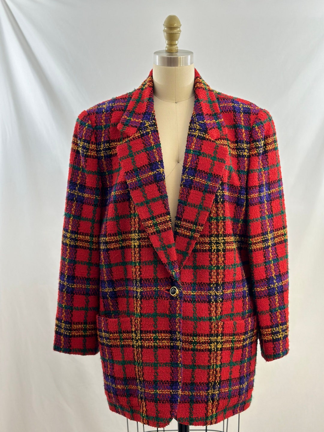 Vintage 90s Colorful Red Yellow Purple Green Plaid Blazer Vintage ...