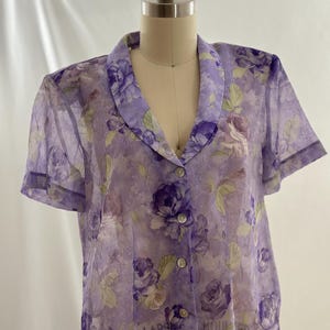 Vintage 90s Sheer Purple Floral Button up Blouse Short Sleeve Lightweight Shirt Cottagecore ...