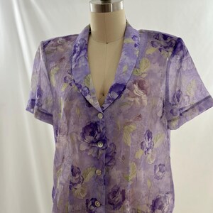 Vintage 90s Sheer Purple Floral Button up Blouse Short Sleeve Lightweight Shirt Cottagecore ...